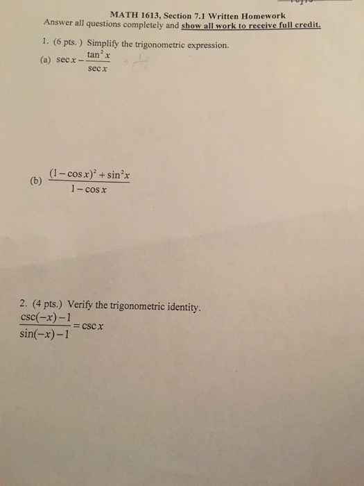 Solved Simplify the trigonometric expression. sec x - tan^2 | Chegg.com