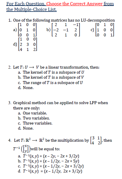 Solved For Each Question, Choose the Correct Answer from the | Chegg.com