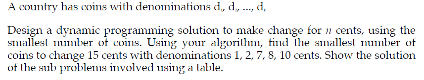 Solved A country has coins with denominations d1, d2, ..., | Chegg.com