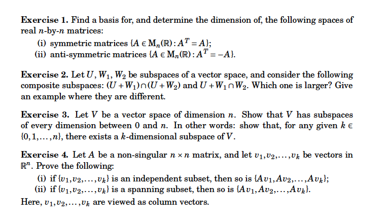 Solved Exercise 1. Find a basis for, and determine the | Chegg.com