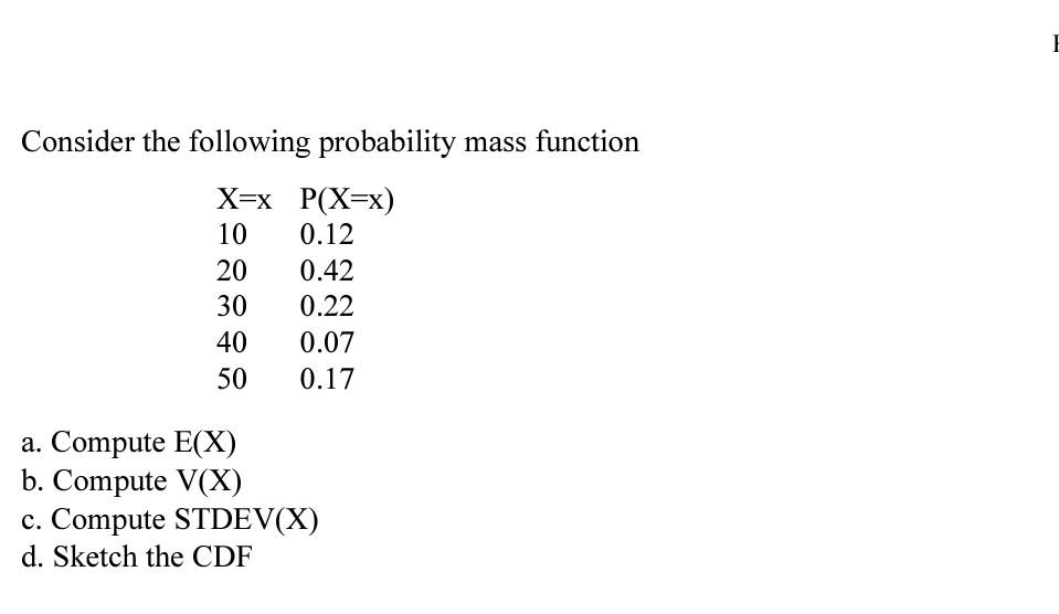 Solved: Consider The Following Probability Mass Function 1... | Chegg.com