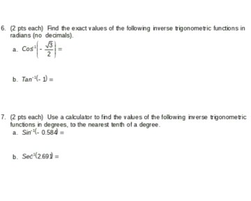 Solved Find the exact values of the following inverse | Chegg.com