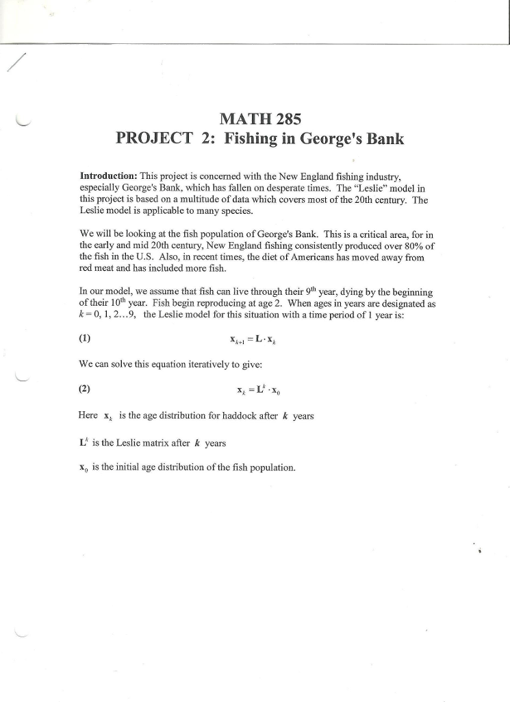 Solved MATH 285 PROJECT 2: Fishing in George's Bank | Chegg.com