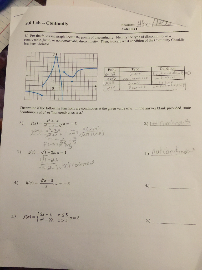Solved 2.6 Lab- Continuity Student: tY Calculus I 1.) For | Chegg.com