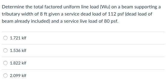Solved Determine the total factored uniform line load (Wu) | Chegg.com