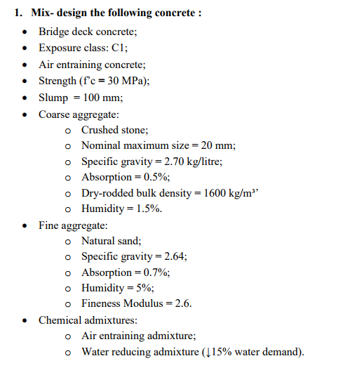 Solved 1. Mix-design the following concrete: Bridge deck | Chegg.com