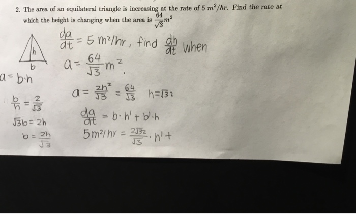 Solved The area of an equilateral triangle is increasing at | Chegg.com
