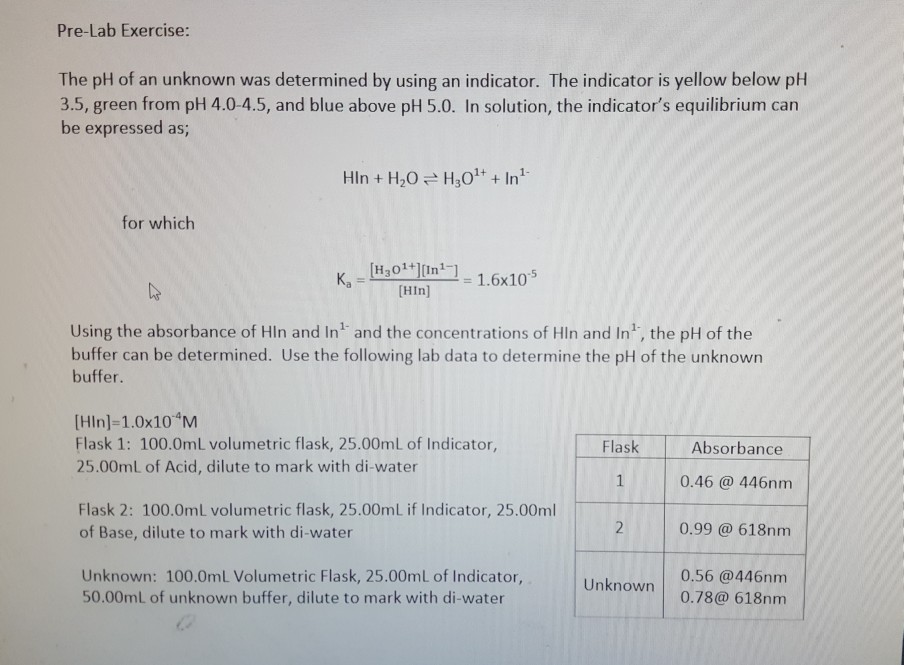 Solved Pre-Lab Exercise: The pH of an unknown was determined | Chegg.com