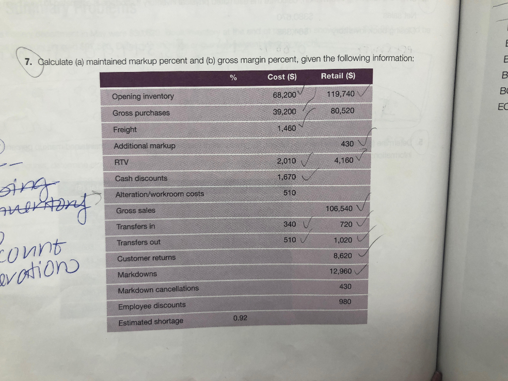mm. 7. Galculate (a) maintained markup percent and | Chegg.com