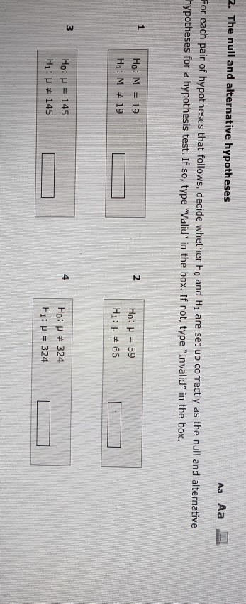 Solved 2. The null and alternative hypotheses Aa Aa For each | Chegg.com