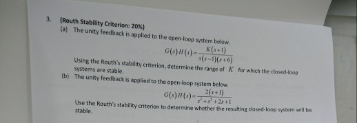 Solved 3, (Routh Stability Criterion: 20%) (a) The unity | Chegg.com