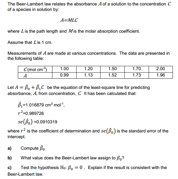 Solved The Beer-Lambert law relates the absorbance A of a | Chegg.com