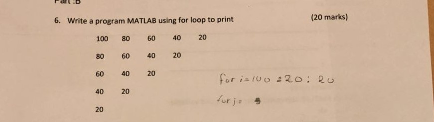 Solved (20 marks) 6. Write a program MATLAB using for loop | Chegg.com Solved (20 marks) 6. Write a program MATLAB using for loop | Chegg.com