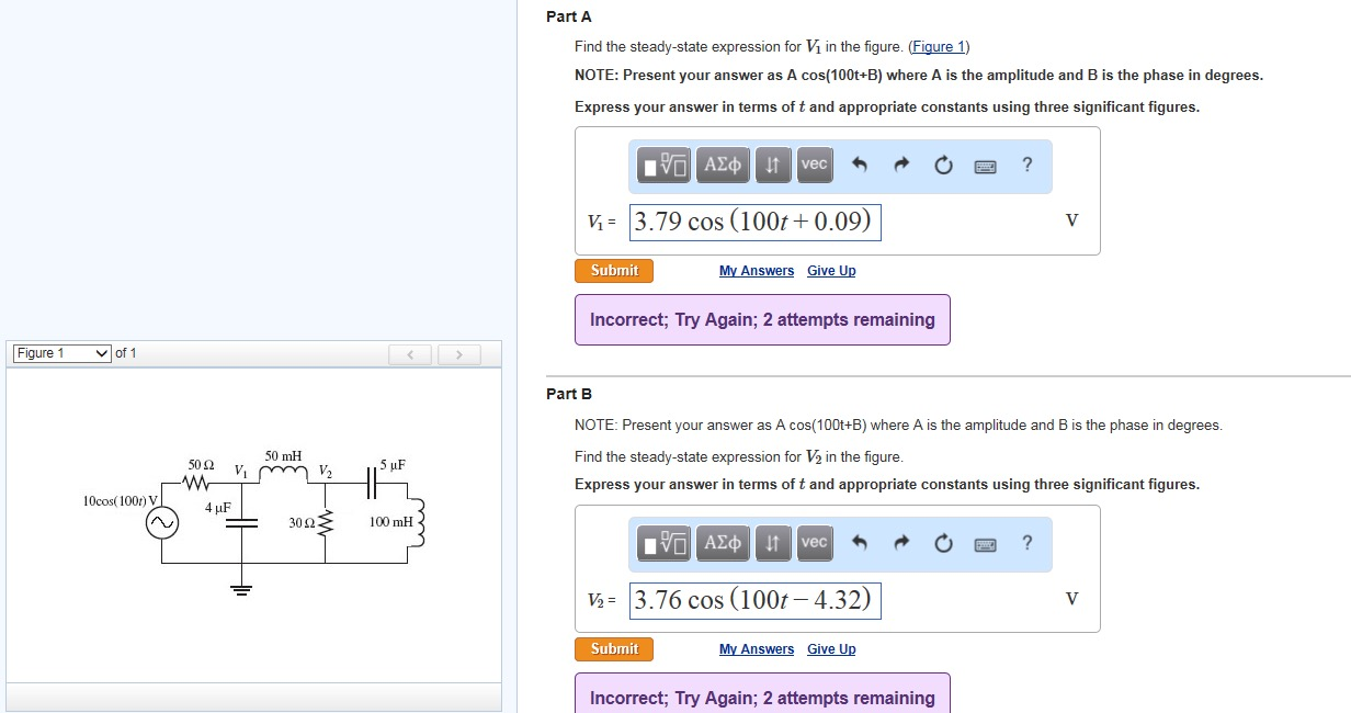 Solved Find the steady-state expression for V1 and V2 in the | Chegg.com