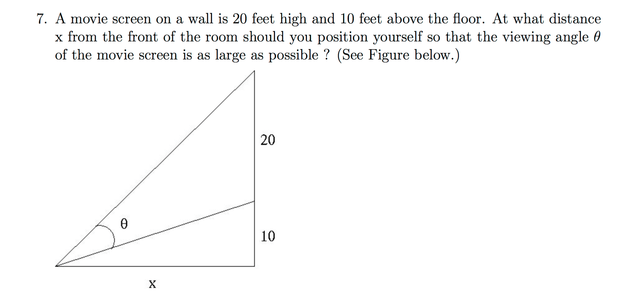 Solved A movie screen on a wall is 20 feet high and 10 feet | Chegg.com