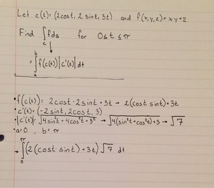 Solved Let c(t) = (2 cos t, 2 sin t, 3t) and f(x, y, z) = xy | Chegg.com
