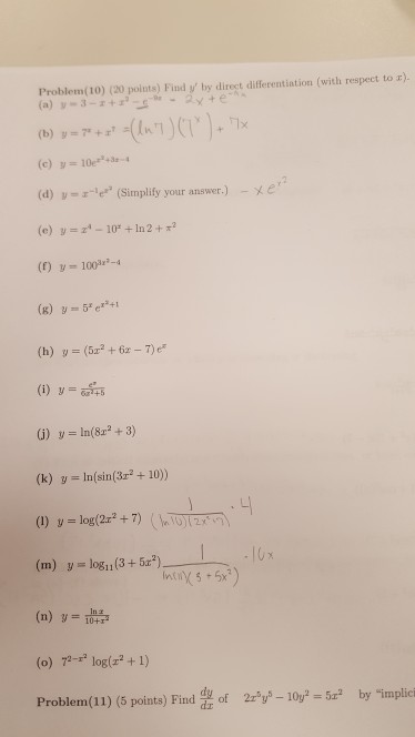 Solved Problem(10) (20 polnts) Find y' by direct | Chegg.com Solved Problem(10) (20 polnts) Find y' by direct | Chegg.com