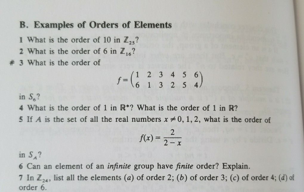 Solved B. Examples of Orders of Elements 1 What is the order | Chegg.com