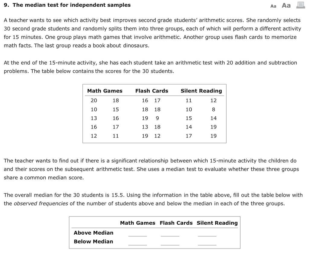 Solved Aa Aa E 9. The median test for independent samples A | Chegg.com