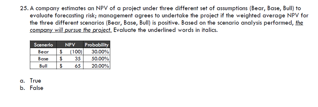 Solved 25. A company estimates an NPV of a project under | Chegg.com