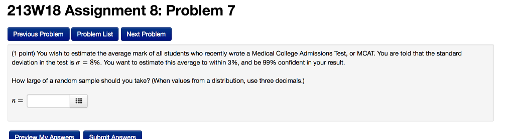 Solved 213W18 Assignment 8: Problem 7 Previous Problem | Chegg.com