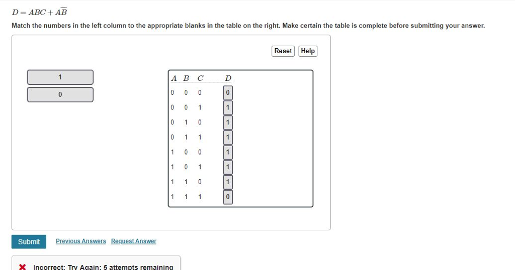 Solved D=ABC + AB Match the numbers in the left column to | Chegg.com