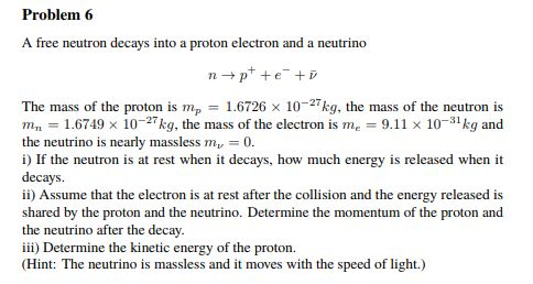 Solved Problem 6 A free neutron decays into a proton | Chegg.com