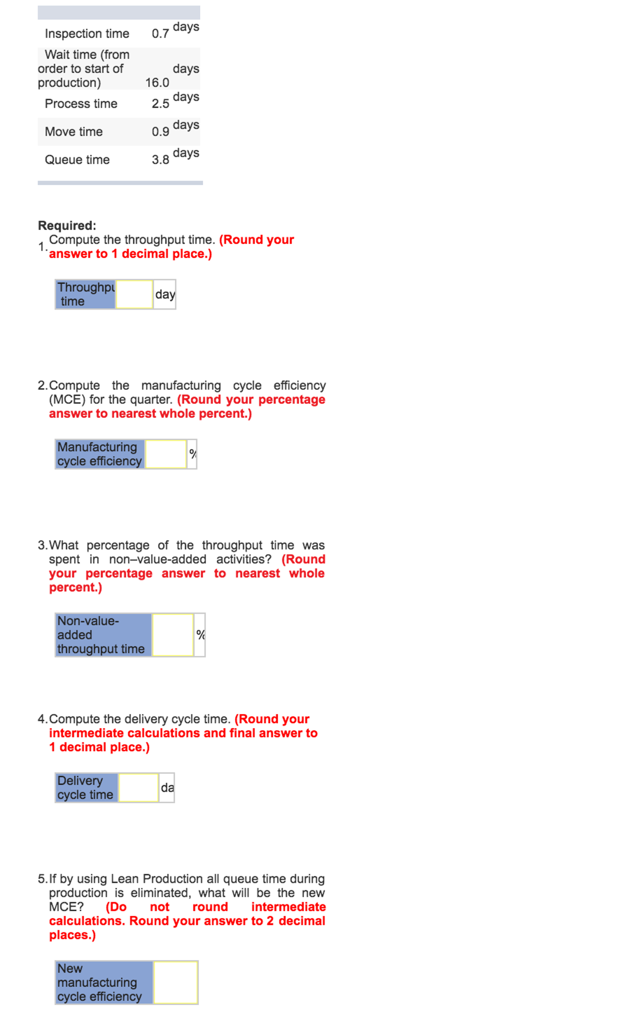 Solved Compute the throughput time. (Round your answer to | Chegg.com