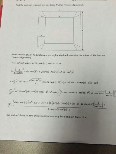 Find the maximum volume of a square based frustum | Chegg.com