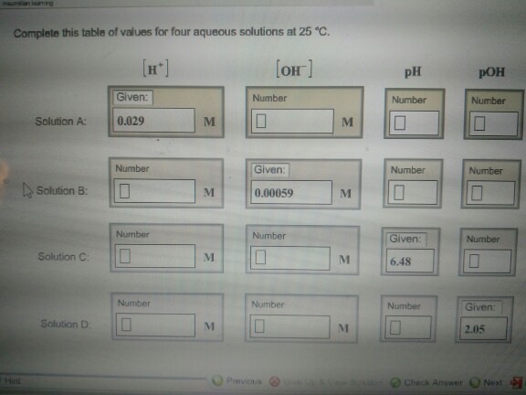 Solved Complete this table of values for four aqueous | Chegg.com