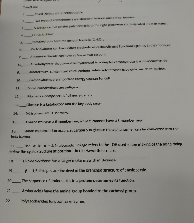 Solved True/False 1. Chiral Objects are superimposable 2 Two | Chegg.com