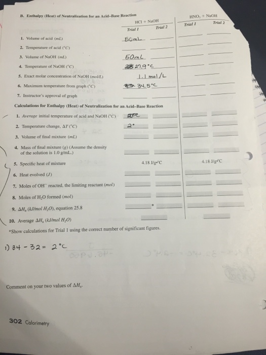 Solved Enthalpy (Heat) of Neutralization for an Acid-Base | Chegg.com