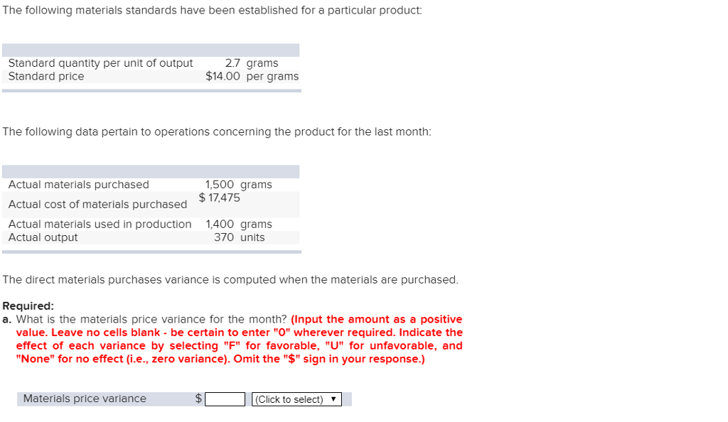 Solved The following materials standards have been | Chegg.com