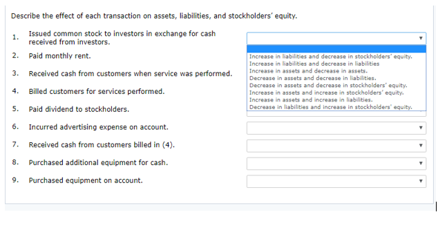 Solved Describe the effect of each transaction on assets, | Chegg.com