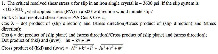 Solved The critical resolved shear stress tau for slip in an | Chegg.com