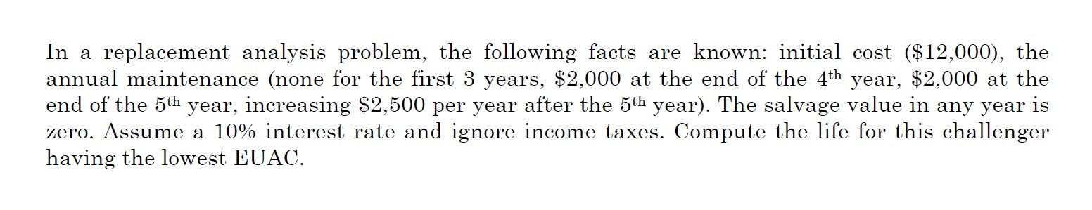 Solved In a replacement analysis problem, the following | Chegg.com