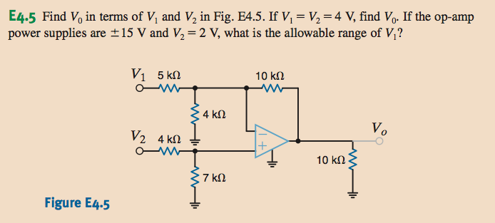 Solved Find V0 in terms of V1 and V2 in Fig. E4.5. If V1 = | Chegg.com
