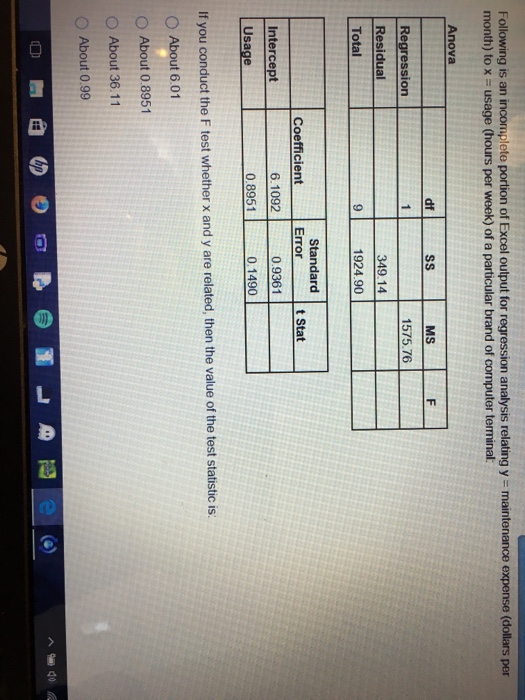 Solved Following is an incomplete portion of Excel output | Chegg.com