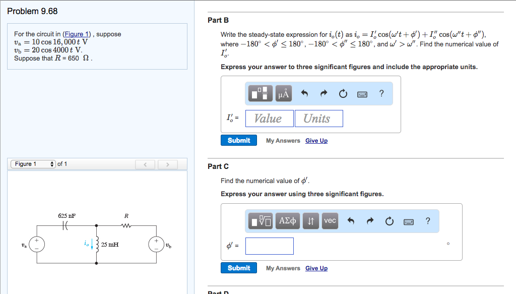 Solved Problem 9.68 Part B For the circuit in (Figure 1), | Chegg.com