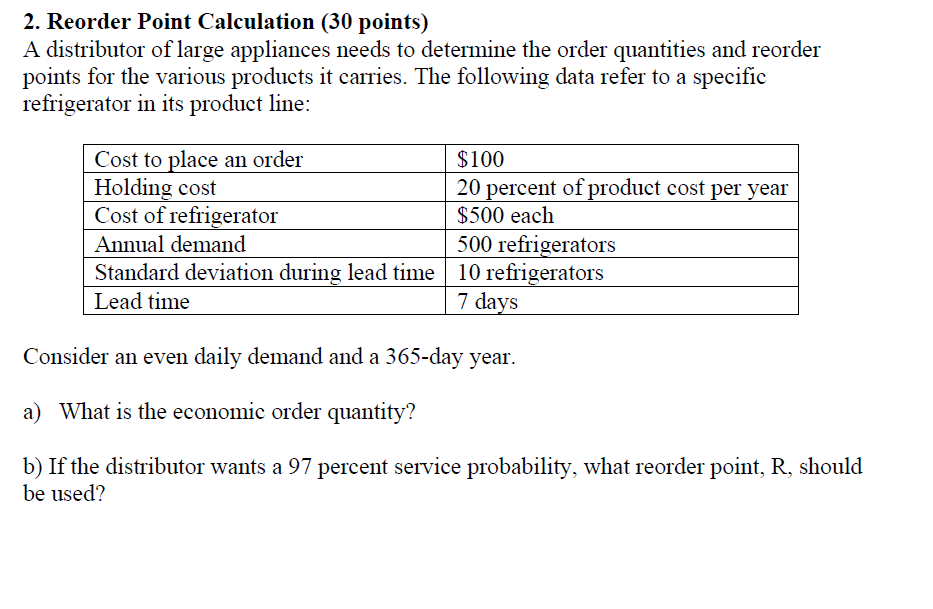 Solved 2. Reorder Point Calculation (30 points) A | Chegg.com