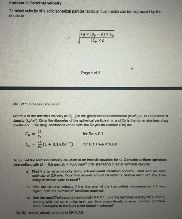 Solved Terminal velocity of a solid spherical particle | Chegg.com