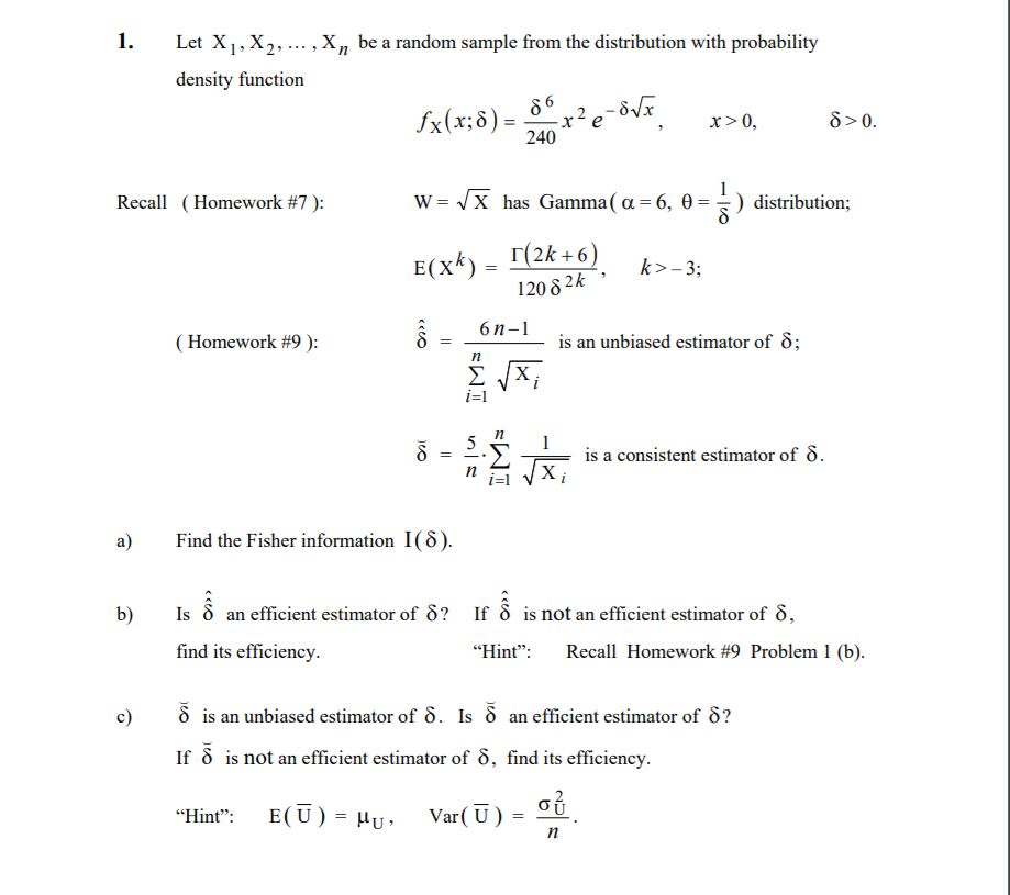 Solved 1. Let X1,X2, , X be a random sample from the | Chegg.com