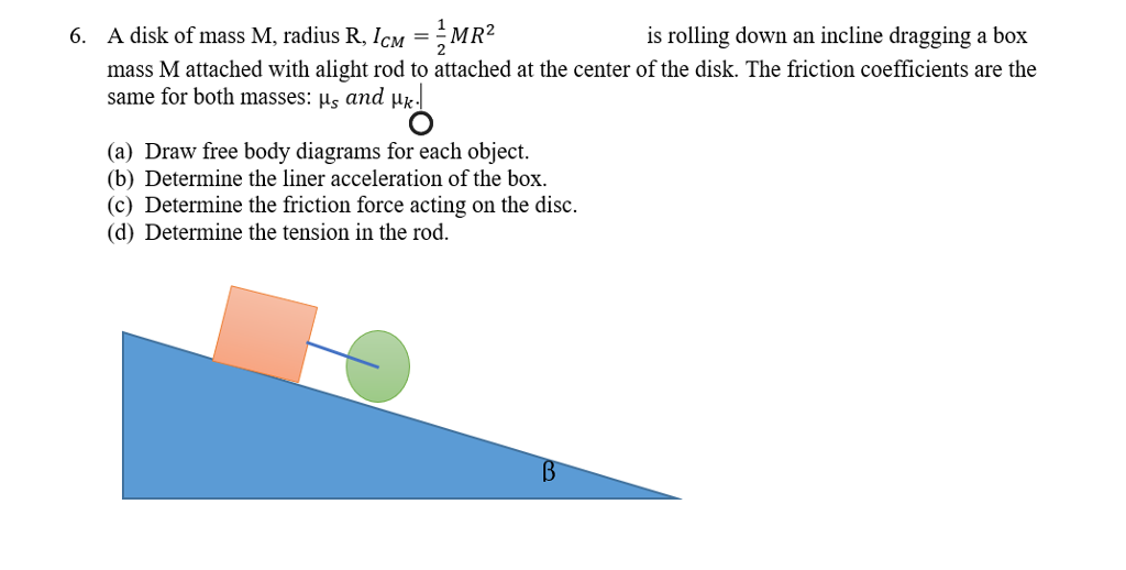 Solved 6. A disk of mass M, radius R, IcM MR2 is rolling | Chegg.com