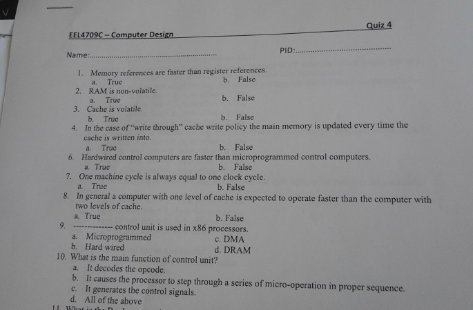 Solved: Quiz 4 EEL4709C-Computer Design PID 1. Memory Refe... | Chegg.com