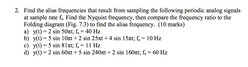 Solved 2. Find the alias frequencies that result from | Chegg.com