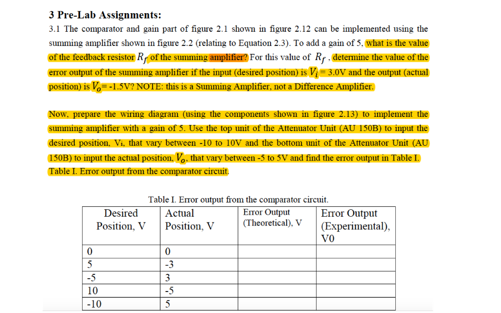 Solved 3 Pre-Lab Assignments: 3.1 The comparator and gain | Chegg.com