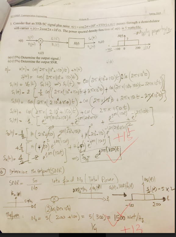 Solved Consider that an SSB-SC signal plus noise v(t) = cos | Chegg.com
