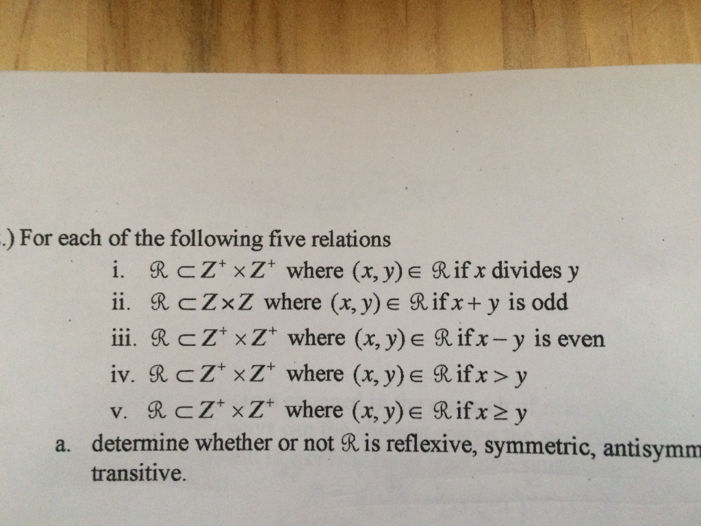 Solved For each of the following five relations i. R Z^+ | Chegg.com