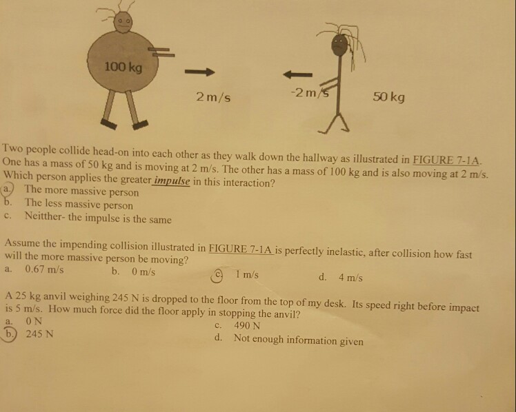 Solved 100 kg 2m/s Two people collide head-on into cach | Chegg.com