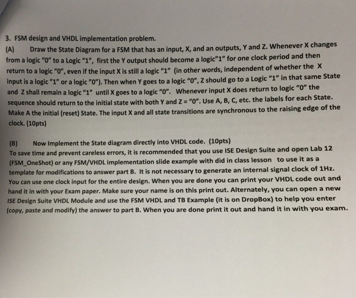 FSM design and VHDL implementation problem. Draw the | Chegg.com